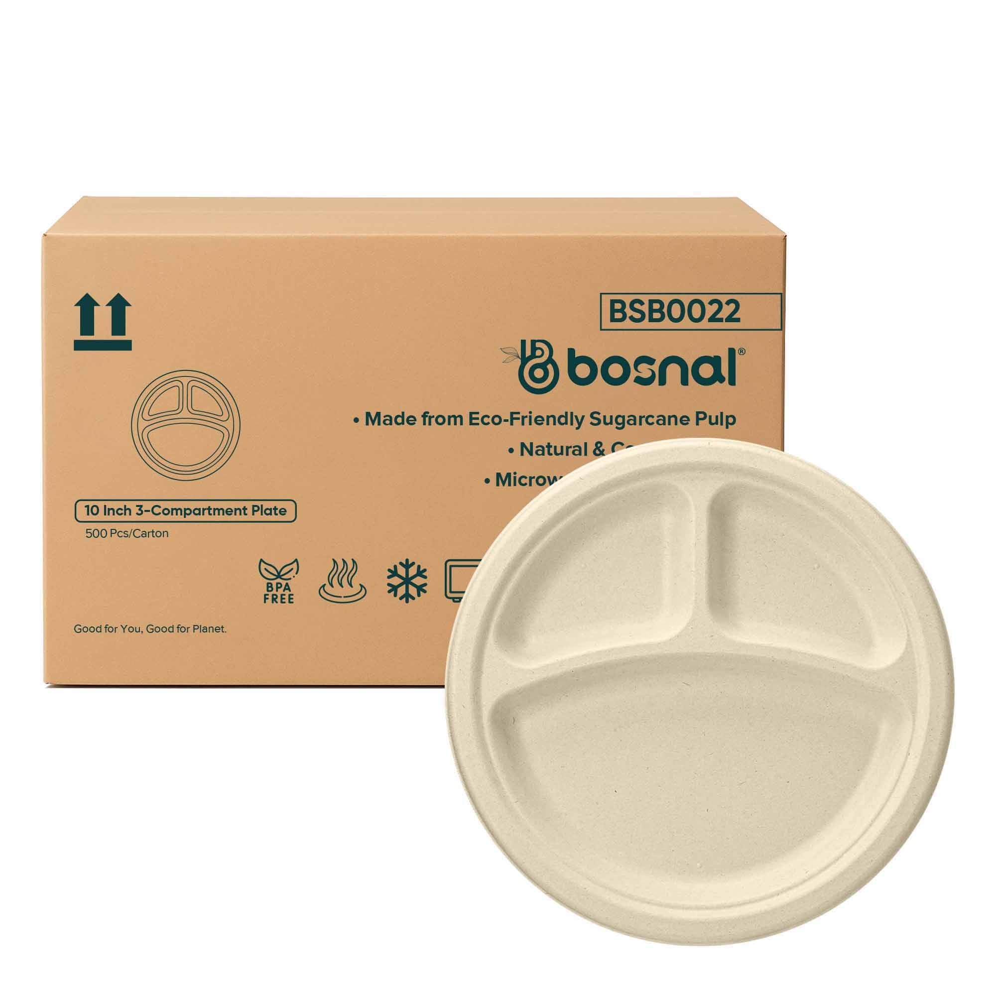 Bosnal - Sugarcane Bagasse Compostable 10 inch Round 3-Compartment Pla ...