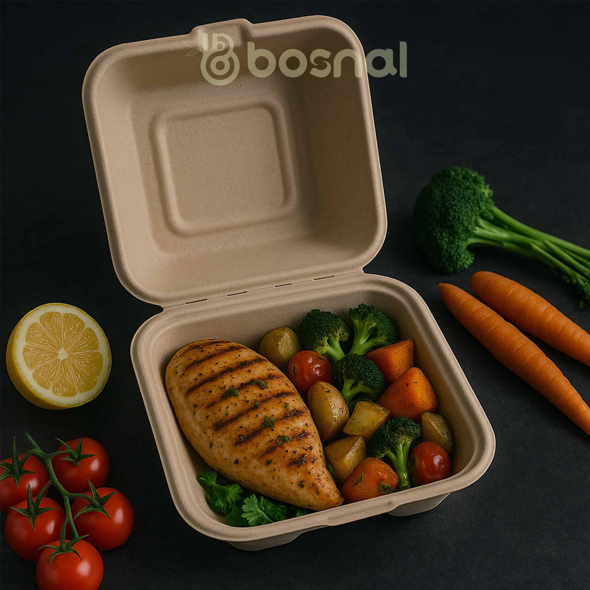 Bosnal - Sugarcane Bagasse Compostable Clamshell Boxes, 6 inch, Square ...